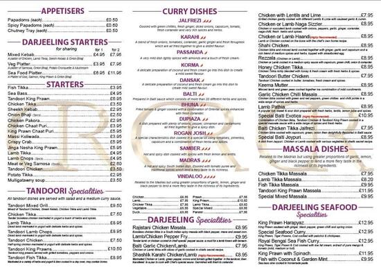 Menu at Darjeeling Indian Restaurant, Timperley, Altrincham