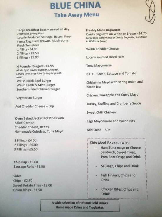 Menu at Blue China restaurant, Criccieth