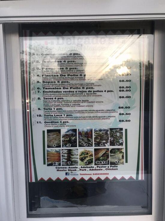 Menu at Delgado Antojitos Mexicanos restaurant, Harrisonburg