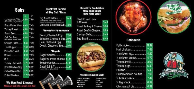 Menu at Lumberjack Subs, Saint John, Loch Lomond Rd