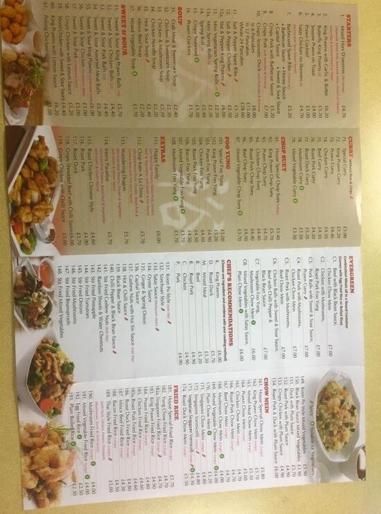 Menu at Evergreen fast food, Lowestoft