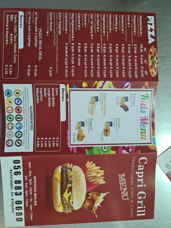 Menu at Capri Grill Ballyragget restaurant, Ballyragget, Castle St
