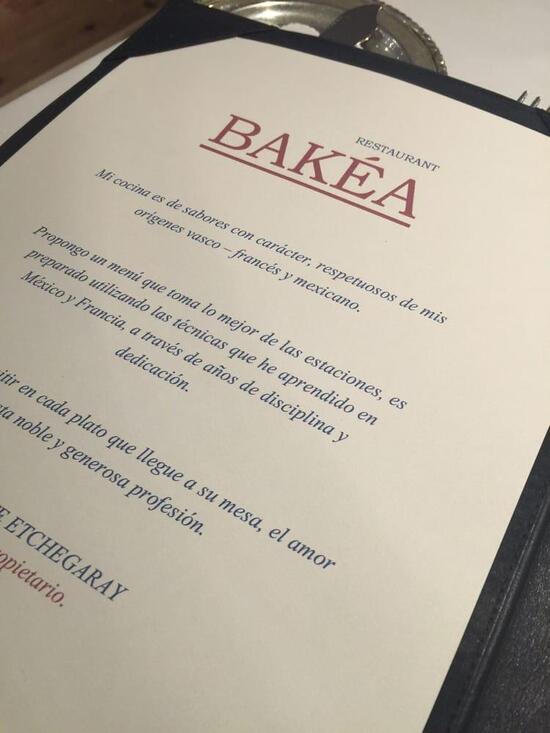 Menu at Bakéa restaurant, Ciudad López Mateos