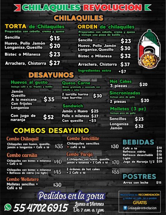 Carta del restaurante CHILAQUILES REVOLUCION, Ciudad del México