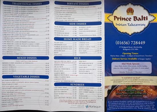 Prince Balti in Bridgend - Restaurant menu and reviews
