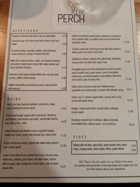 Menu at The Perch restaurant, Edinburgh