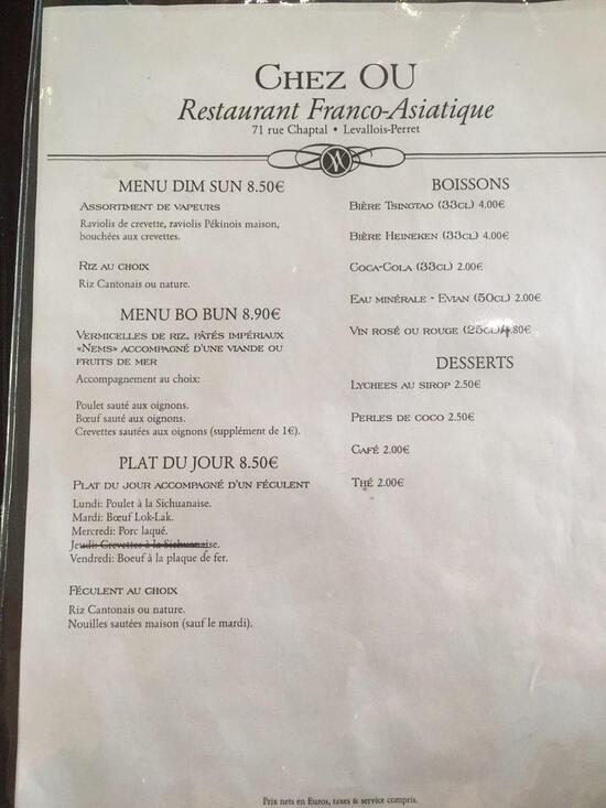 Menu at Chez OU restaurant, Levallois-Perret
