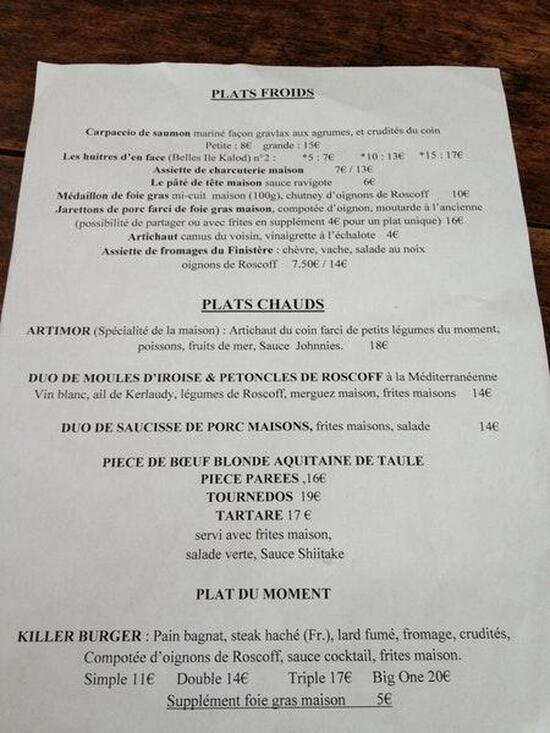 Menu at Le Comptoir des Johnnies restaurant, Plouénan
