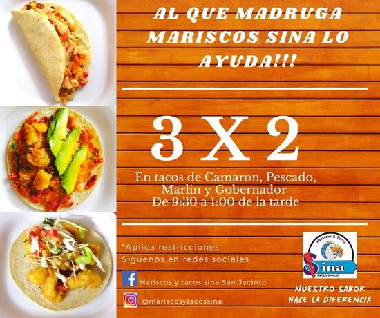 Menu at Mariscos y tacos Sina restaurant, Guadalajara