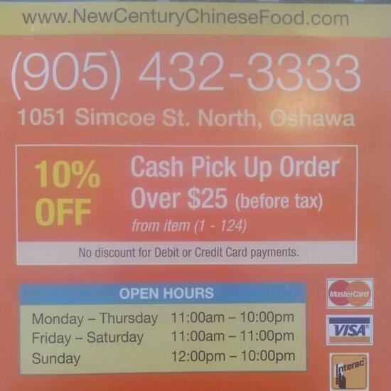Menu at New Century Chinese Food Restaurant, Oshawa, Simcoe St N