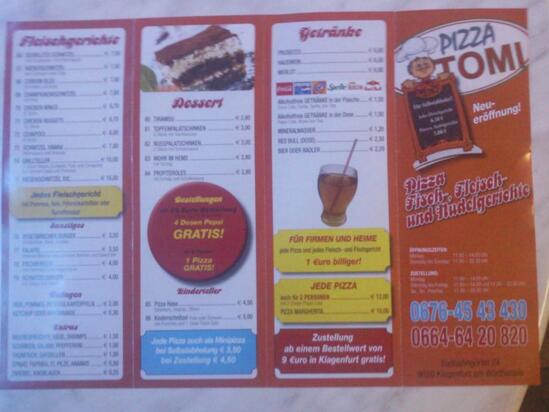 Menu at Pizza-tomi, Klagenfurt