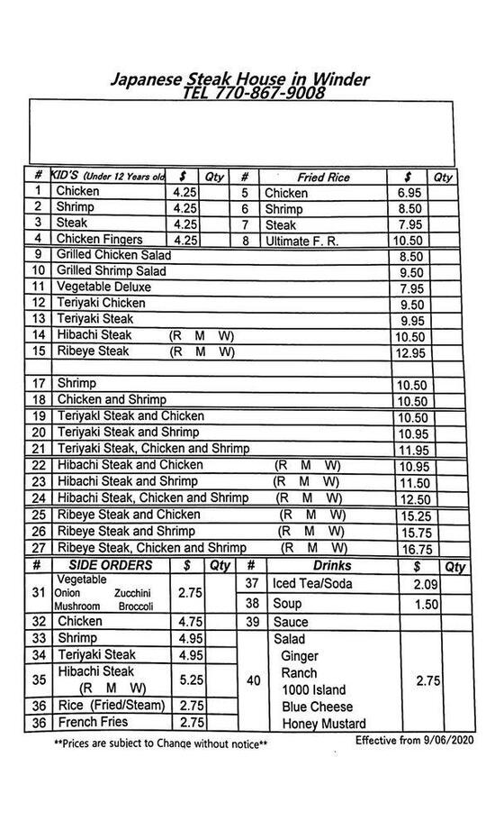 Menu at Inoko Japanese Steakhouse, Winder