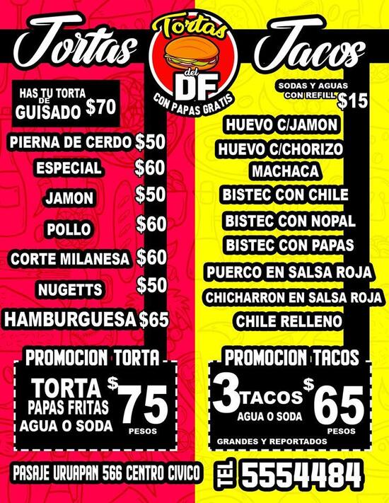 Menu at Tortas del DF restaurant, Mexicali