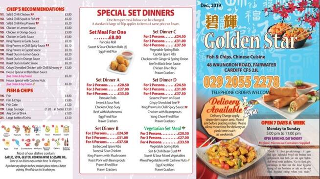 Menu at Golden Star restaurant, Cardiff