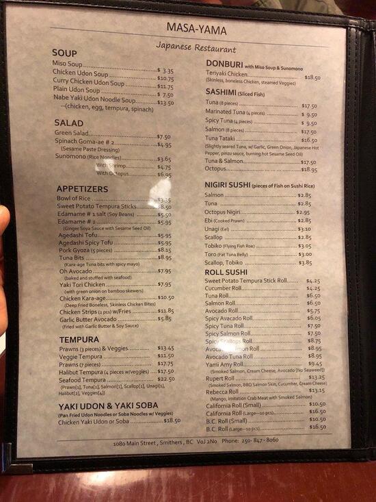 Menu at Masa Yama restaurant, Smithers