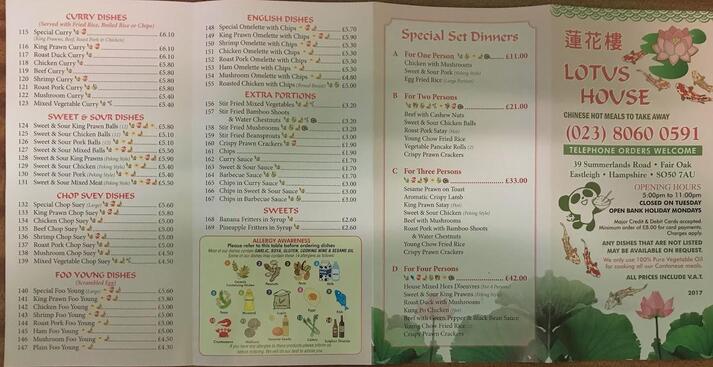 Menu at Lotus House fast food, Eastleigh