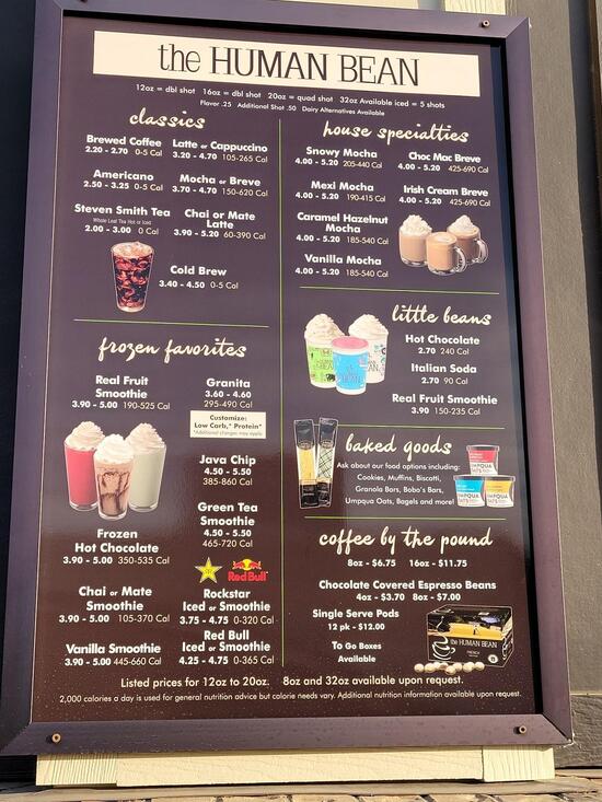 Menu at The Human Bean Midland, N. Big Spring St., Midland