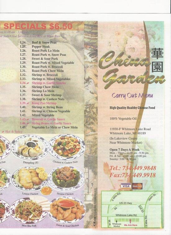 Menu at China Garden restaurant, Whitmore Lake