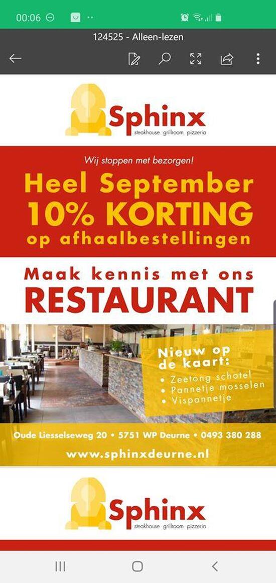 Menu at Sphinx, Deurne