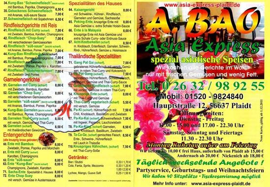 Menu at A. Bao Asia Express restaurant, Plaidt