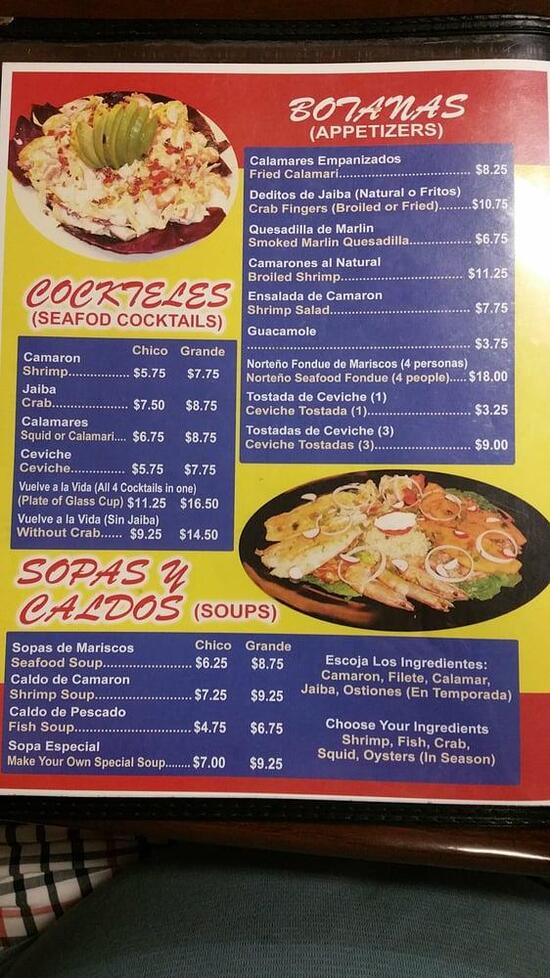 Menu at Mariscos De La Rosa restaurant, Brownsville, Padre Island Hwy