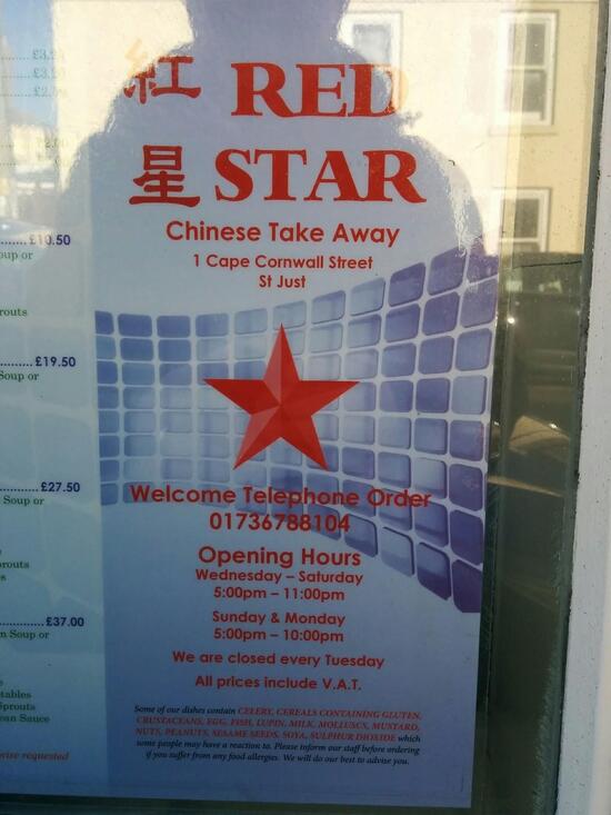 Menu at Red Star fast food, Pendeen