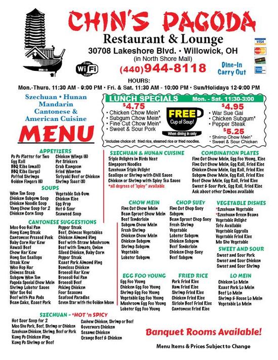 Menu at Chin's Pagoda Restaurant, Willowick