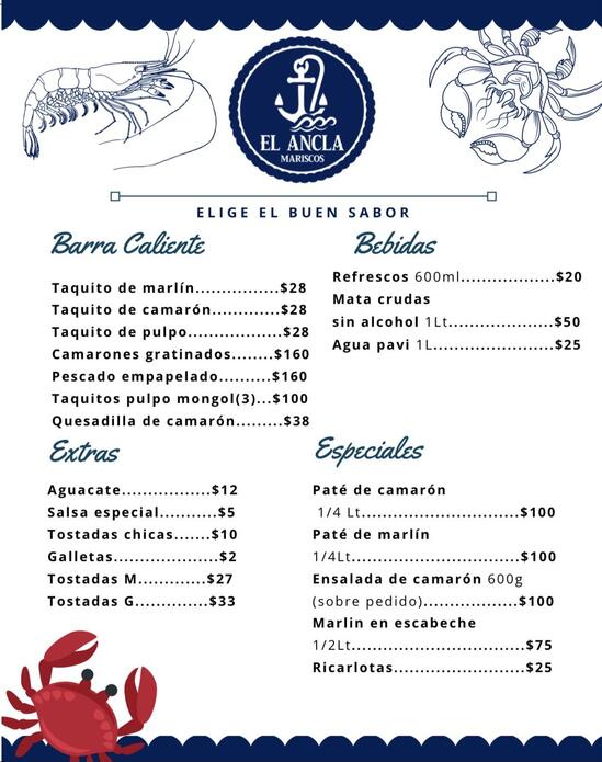 Menu at El Ancla Pescados y Mariscos restaurant, Culiacán