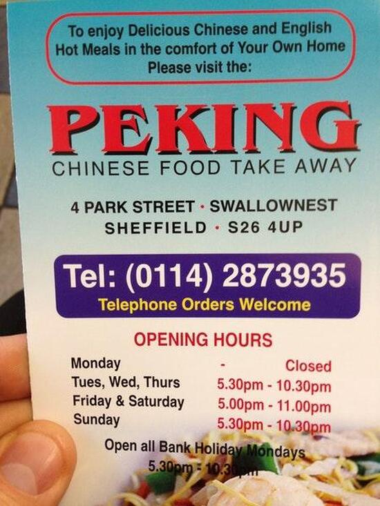 Menu at Peking fast food, Sheffield