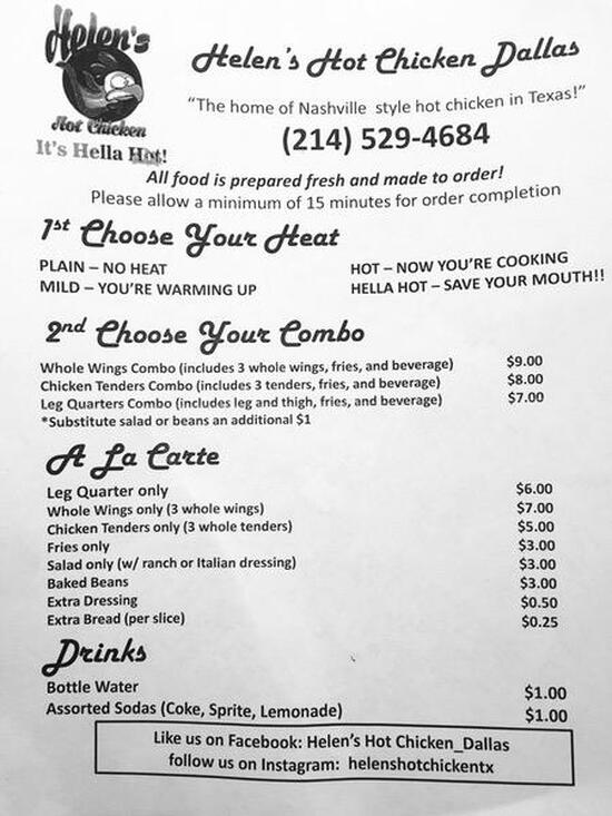 Menu at Helen's Hot Chicken, Plano