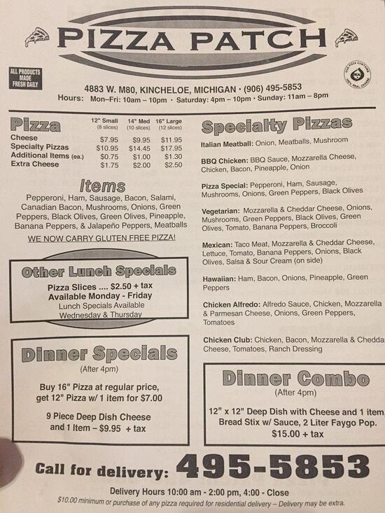 Menu at Pizza Patch pizzeria, Kinross Charter Township, M-80