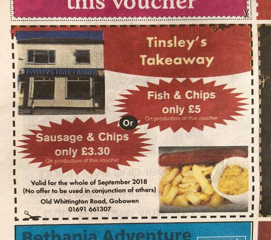Menu at Tinsley's Takeaway fast food, Gobowen
