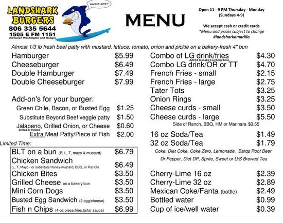 Menu at Shark Beach Burgers pub & bar, Amarillo