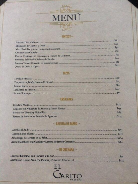 Menu at El Garito pub & bar, Mexico City, Av. Emilio Castelar 185