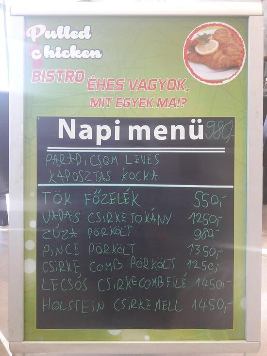 Menu at Pulled Chicken Bistro restaurant, Budapest
