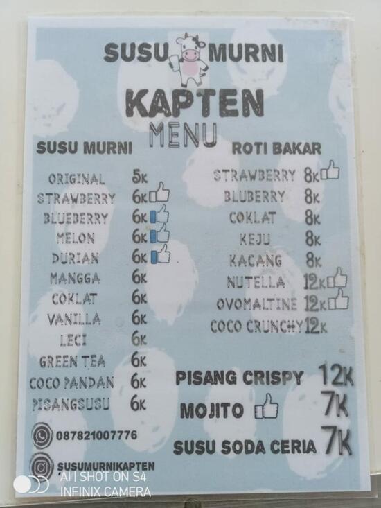 Menu at Susu Murni Kapten Warung AA cafe, Bandung