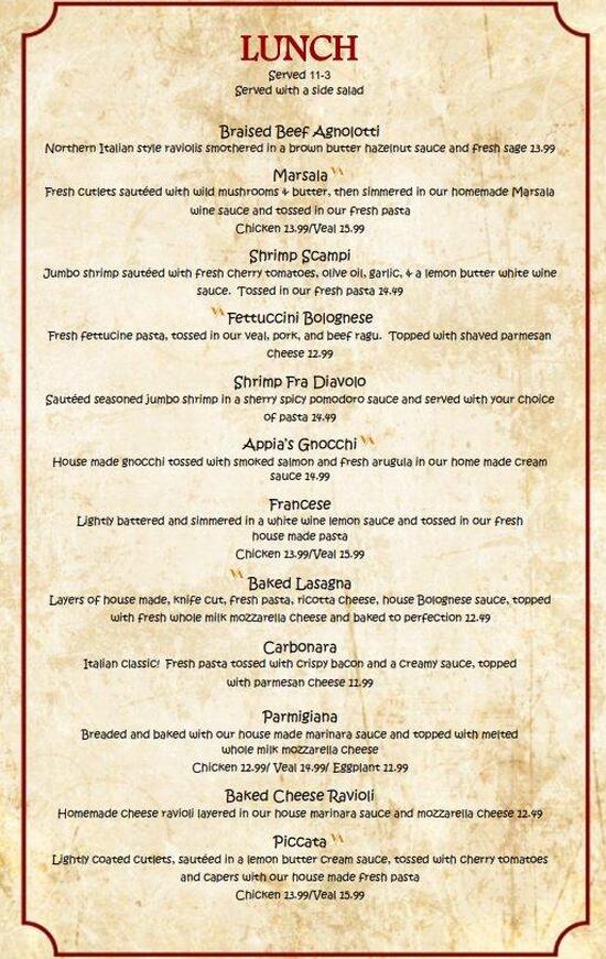Menu at Via Appia Ristorante restaurant, Wilbraham