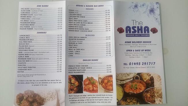 Menu at Asha Tandoori Balti Take Away fast food, Abertillery