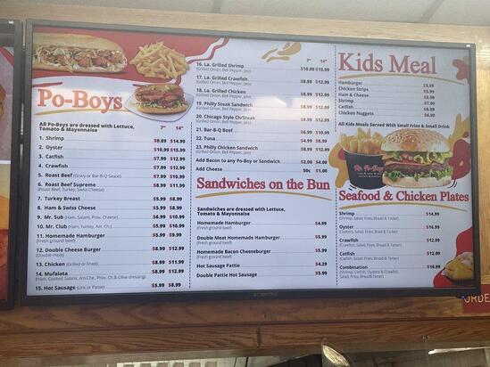 Menu at Mr PO-Boy fast food, Baton Rouge, Airline Hwy