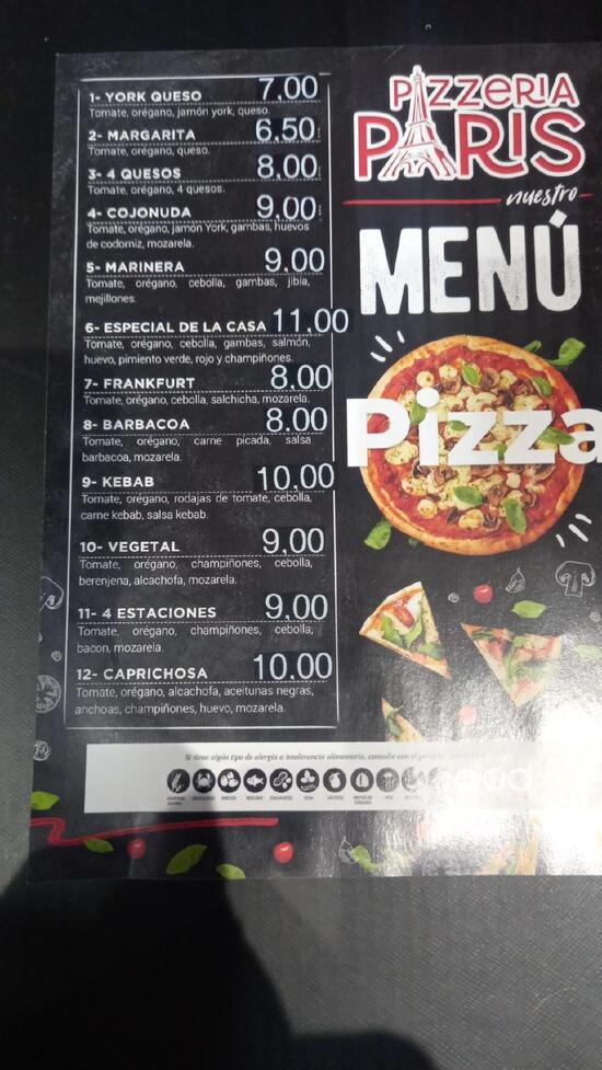 Menu at Pizzería París, Antas