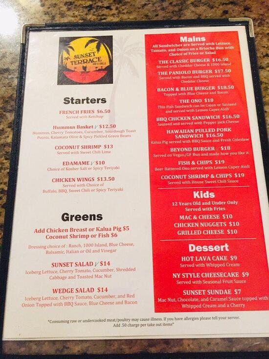 Menu at Sunset Terrace pub & bar, Kahaluu-Keauhou