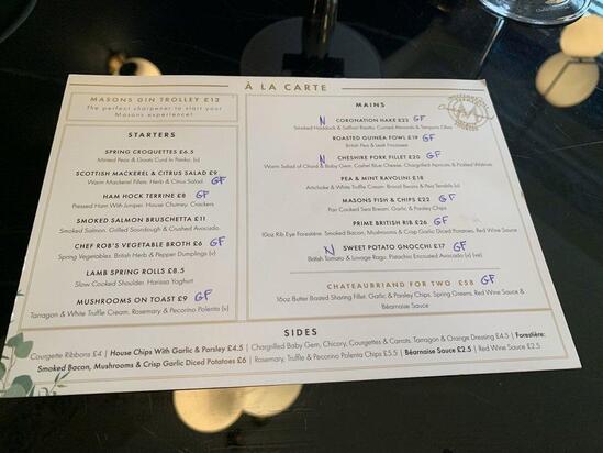 Menu at Masons Restaurant Bar, Manchester