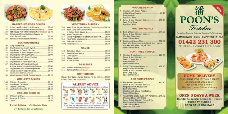Menu at Poon's Kitchen fast food, Hemel Hempstead