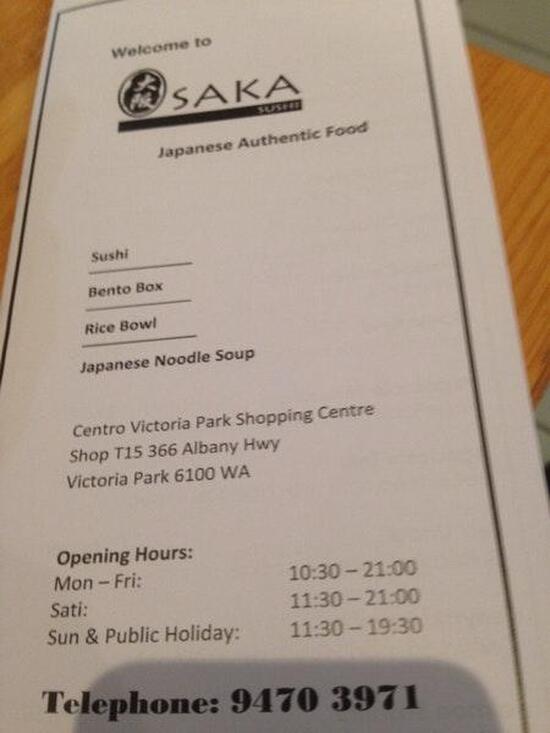 Carta de Saka Sushi Japanese Restaurant, Victoria Park