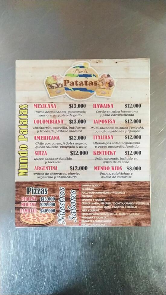 Menu at Mundo patatas restaurant, Colombia