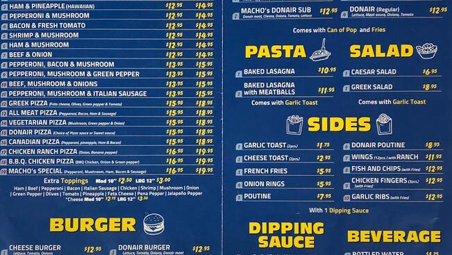 Menu at Machos Pizza and Donair restaurant, St. Albert