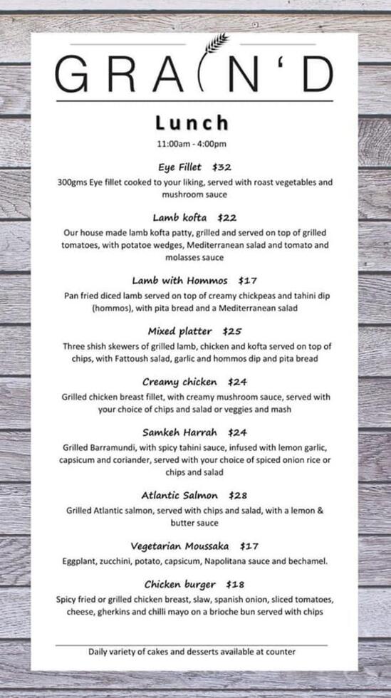 Menu at Grain'd Cafe, Revesby