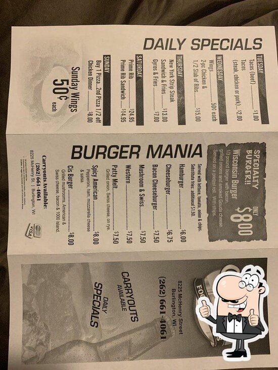Menu at countryside pub, Burlington
