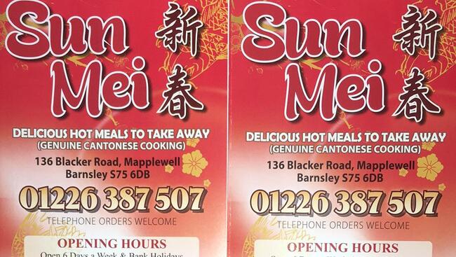 Menu at Sun Mei restaurant, Barnsley