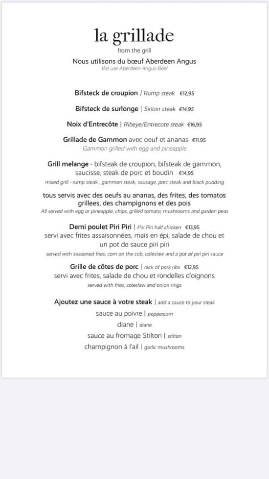 Menu at Le Renard Roux restaurant, France